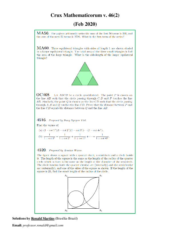 (PDF) Crux Mathematicorum Problems Solutions(n. 46, February 2020)