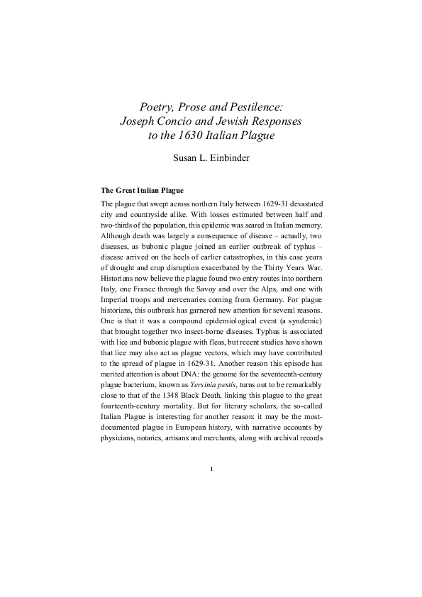 (PDF) Susan Einbinder, “Poetry, Prose and Pestilence: Joseph Concio and ...