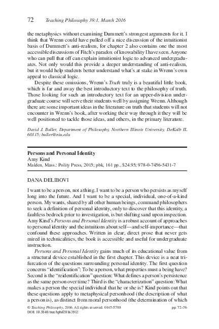 (PDF) Review of Persons and Personal Identity (Amy Kind's book)