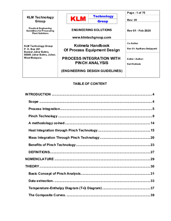 (PDF) PROCESS INTEGRATION WITH PINCH ANALYSIS, Kolmetz Handbook Of ...