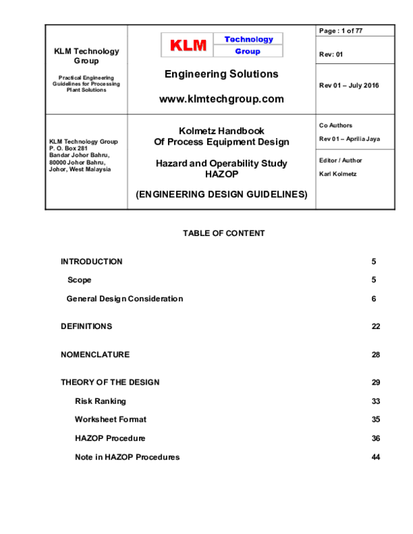(PDF) Hazard and Operability Study HAZOP, Kolmetz Handbook Of Process ...