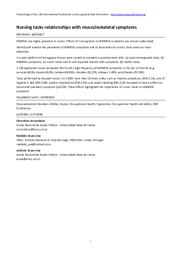 (PDF) Nursing tasks relationships with musculoskeletal symptoms