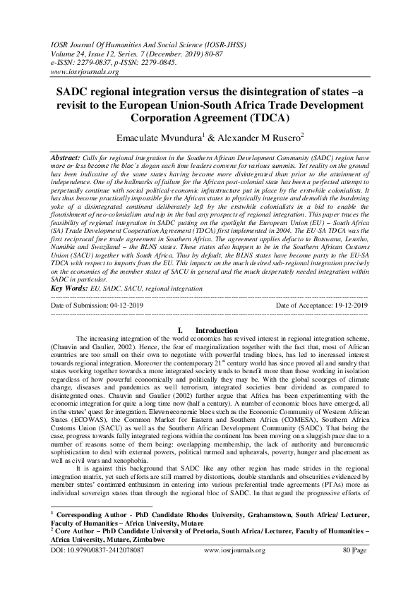 (PDF) SADC regional integration versus the disintegration of states -a ...