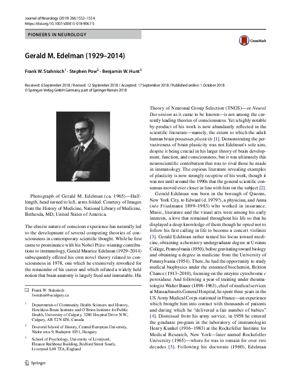 (PDF) Gerald M. Edelman (1929–2014) -- Pioneer in Neurology
