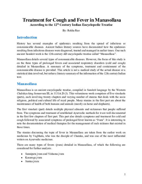 (PDF) Treatment for Cough and Fever in Manasollasa According to the 12 ...