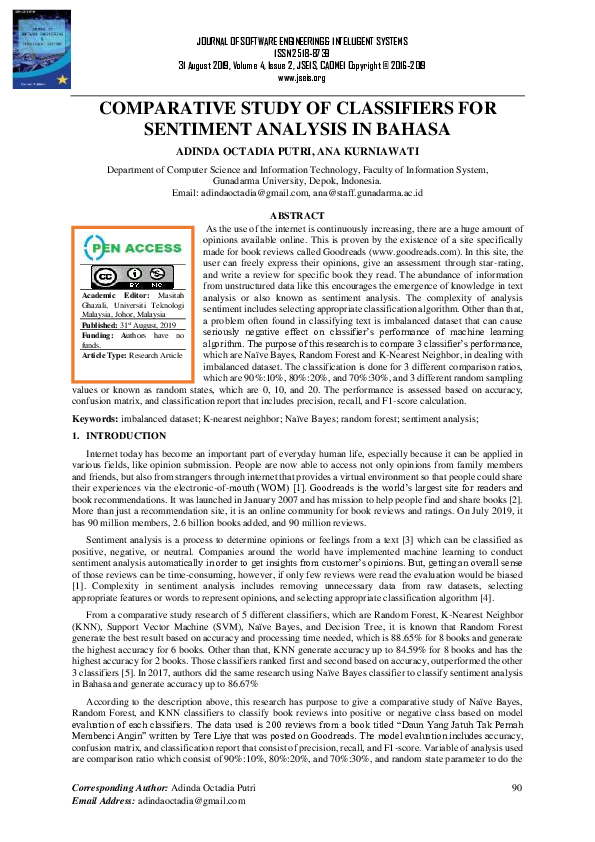 (PDF) COMPARATIVE STUDY OF CLASSIFIERS FOR SENTIMENT ANALYSIS IN BAHASA