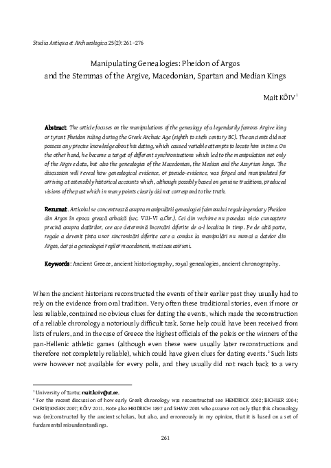 (PDF) Manipulating Genealogies: Pheidon of Argos and the Stemmas of the ...