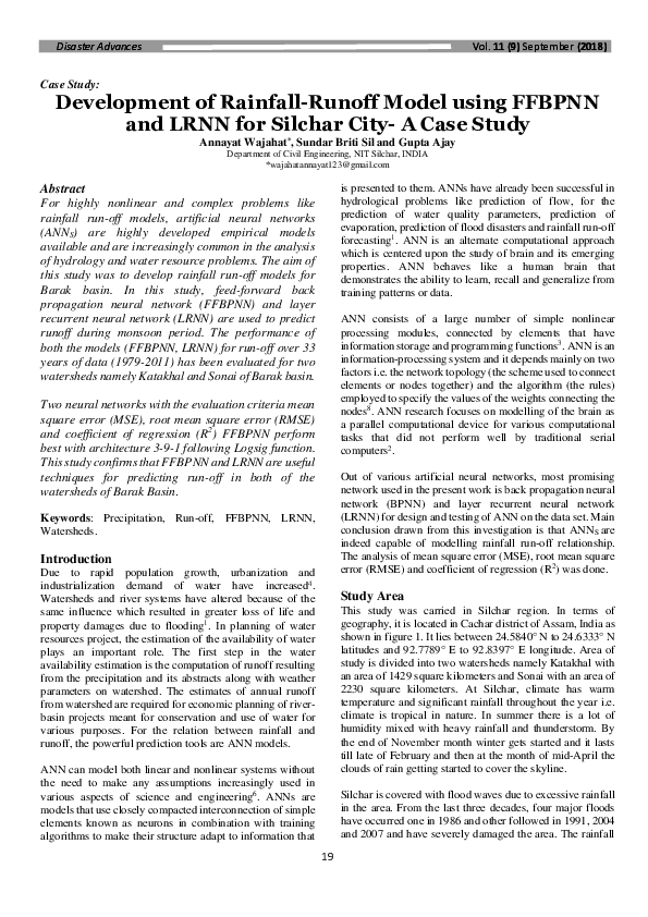 (PDF) Development of Rainfall-Runoff Model using FFBPNN and LRNN for Silchar City-A Case Study