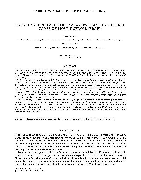(PDF) Frumkin, A. and Ford, D. C., 1995, Rapid entrenchment of stream ...