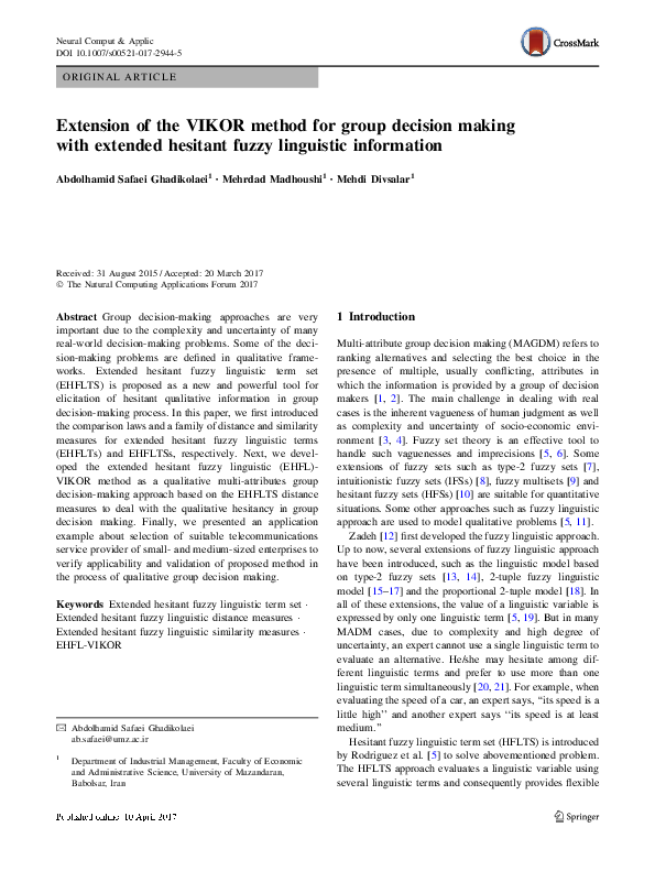 (PDF) Extension of the VIKOR method for group decision making with extended hesitant fuzzy ...