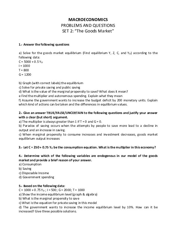 (PDF) MACROECONOMICS PROBLEMS AND QUESTIONS SET 2: "The Goods Market"