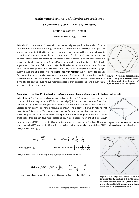 (PDF) Mathematical Analysis of Rhombic Dodecahedron (Application of HCR's Theory of Polygon)