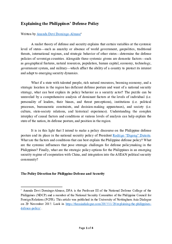 (PDF) Explaining the Philippines' Defense Policy