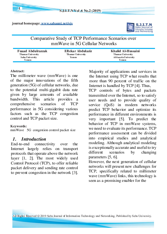 (PDF) Comparative Study of TCP Performance Scenarios over mmWave in 5G Cellular Networks