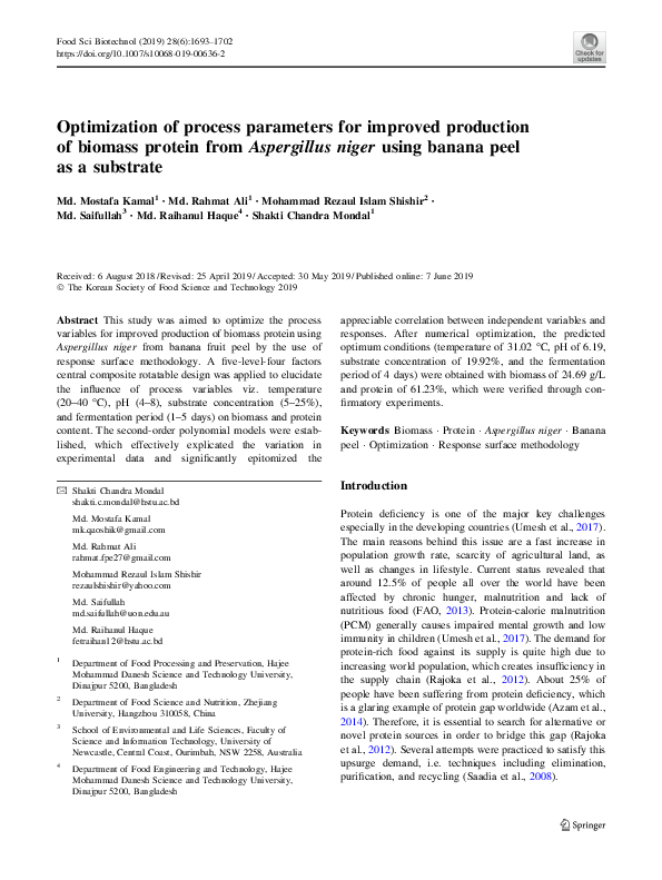 (PDF) Optimization of process parameters for improved production of biomass protein from ...