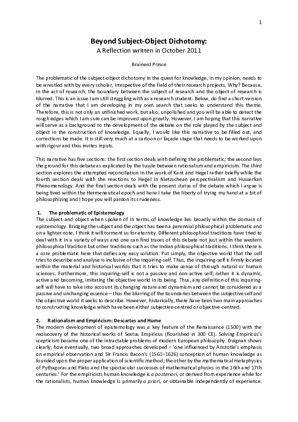 (PDF) Beyond Subject-Object Dichotomy: A Reflection written in October 2011