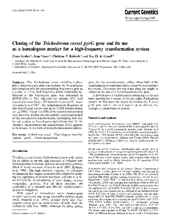 (PDF) Cloning of the Trichoderma reesei pyr G gene and its use as a homologous marker for a high ...