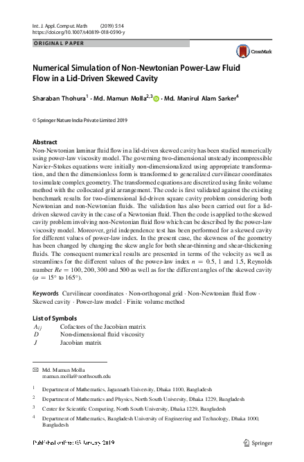 Pdf Numerical Simulation Of Non Newtonian Power Law Fluid Flow In A Lid Driven Skewed Cavity