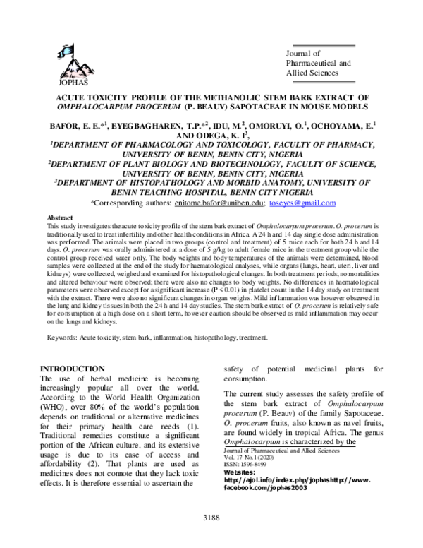 (PDF) ACUTE TOXICITY PROFILE OF THE METHANOLIC STEM BARK EXTRACT OF ...
