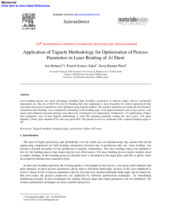 (PDF) ScienceDirect Application of Taguchi Methodology for Optimization of Process Parameters in ...