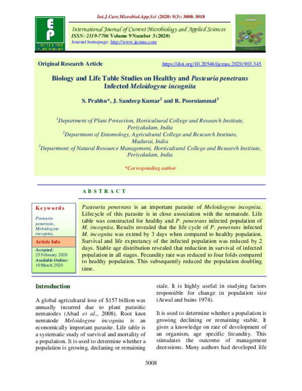 (PDF) Biology and Life Table Studies on Healthy and Pasteuria penetrans