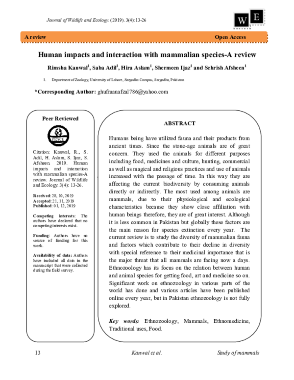 (PDF) Human impacts and interaction with mammalian species-A review