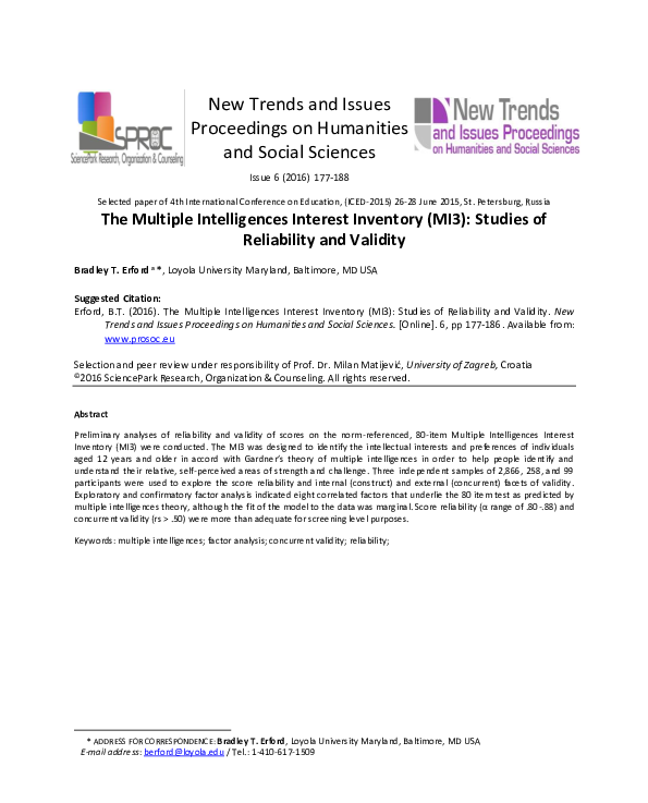 (PDF) The Multiple Intelligences Interest Inventory (MI3): Studies of ...