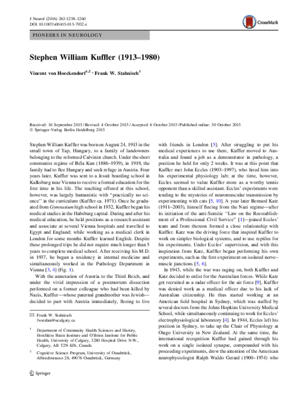 (PDF) Stephen William Kuffler (1913-1980) -- Pioneer in Neurology