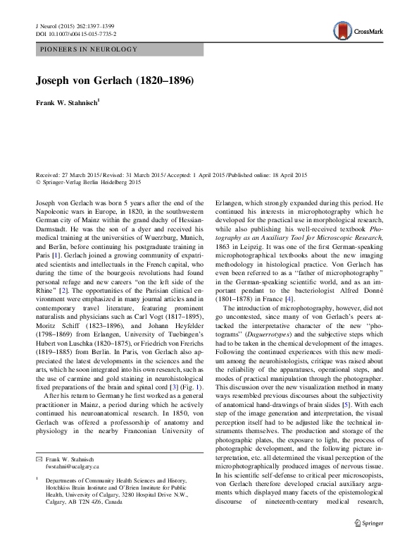 (PDF) Joseph Von Gerlach (1820-1896) -- Pioneer in Neurology