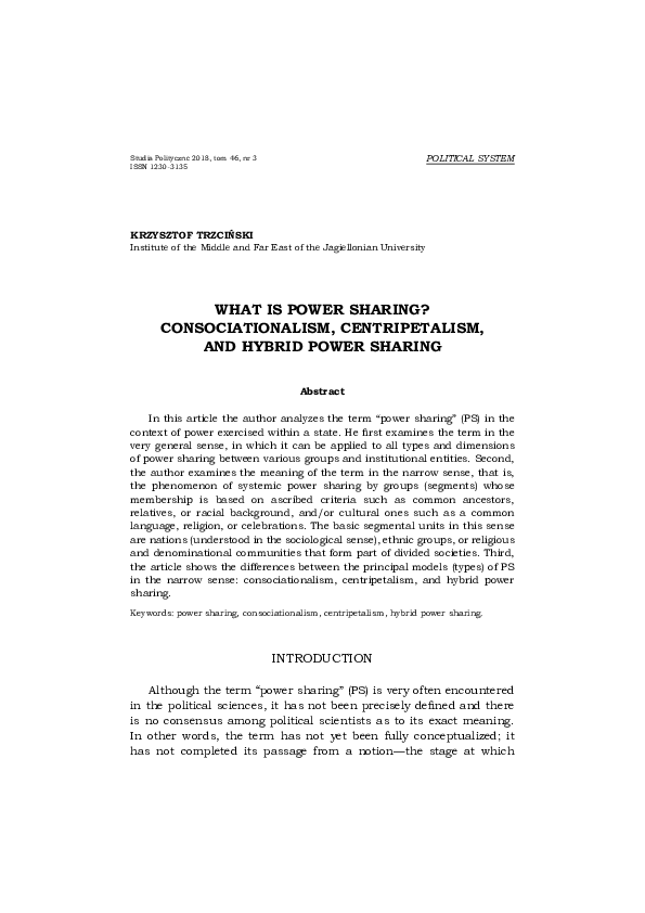 (PDF) What is Power Sharing? Consociationalism, Centripetalism, and ...