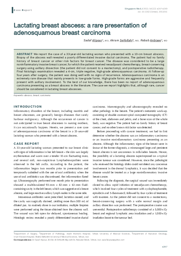(PDF) Lactating breast abscess: a rare presentation of adenosquamous ...