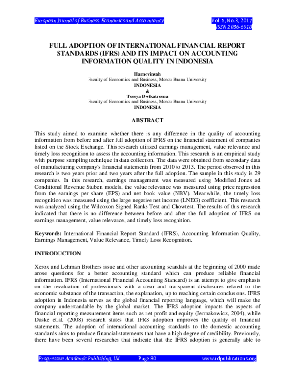 (PDF) FULL ADOPTION OF INTERNATIONAL FINANCIAL REPORT STANDARDS (IFRS) AND ITS IMPACT ON ...