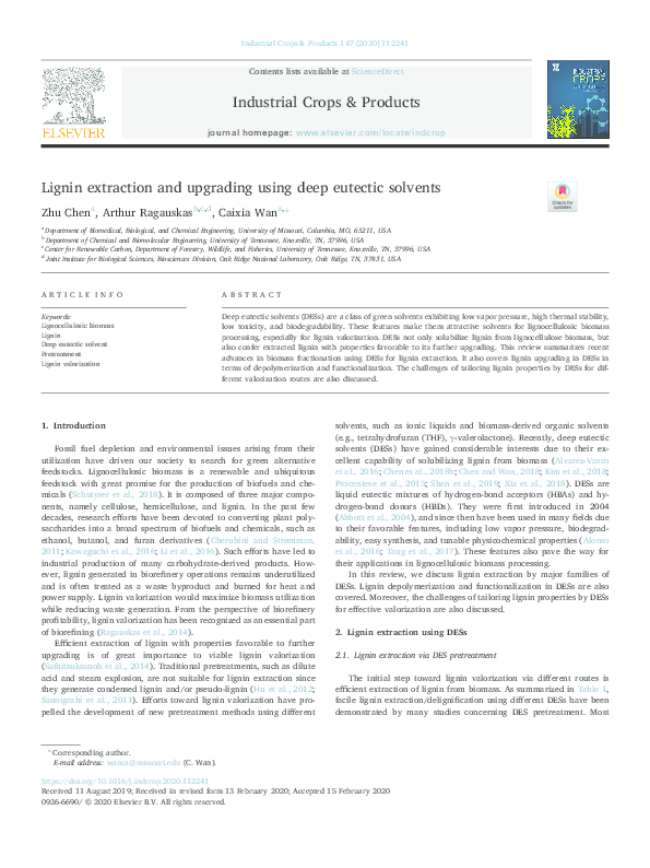 (PDF) Lignin extraction and upgrading using deep eutectic solvents