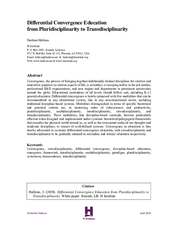(PDF) Differential Convergence Education from Pluridisciplinarity to ...