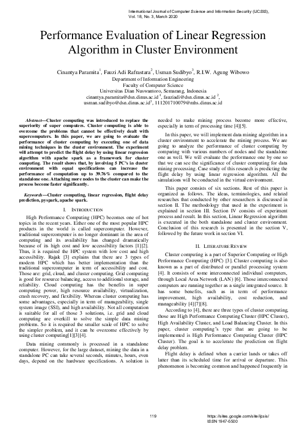Pdf Performance Evaluation Of Linear Regression Algorithm In Cluster