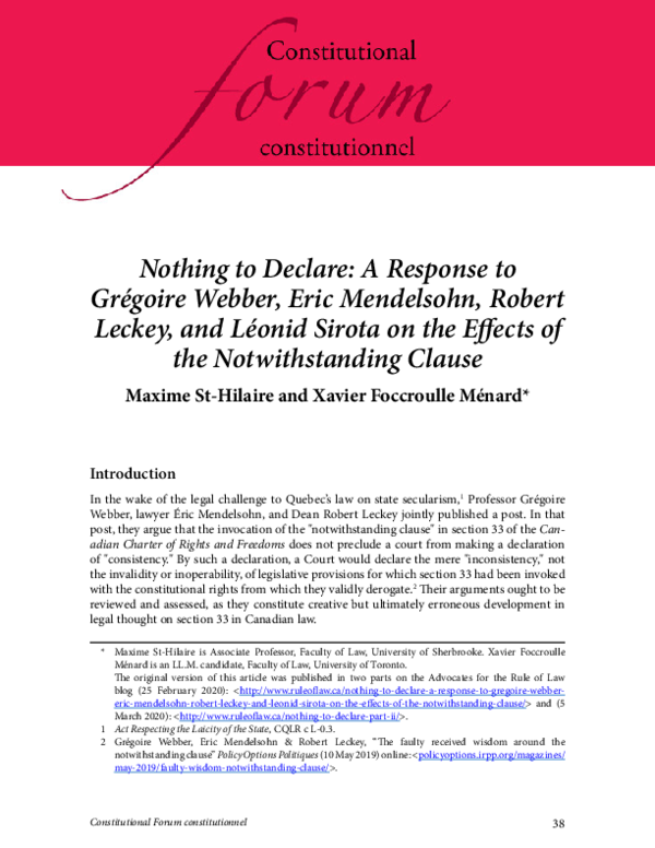 (PDF) Nothing to Declare: A Response to Grégoire Webber, Eric Mendelsohn, Robert Leckey, and ...