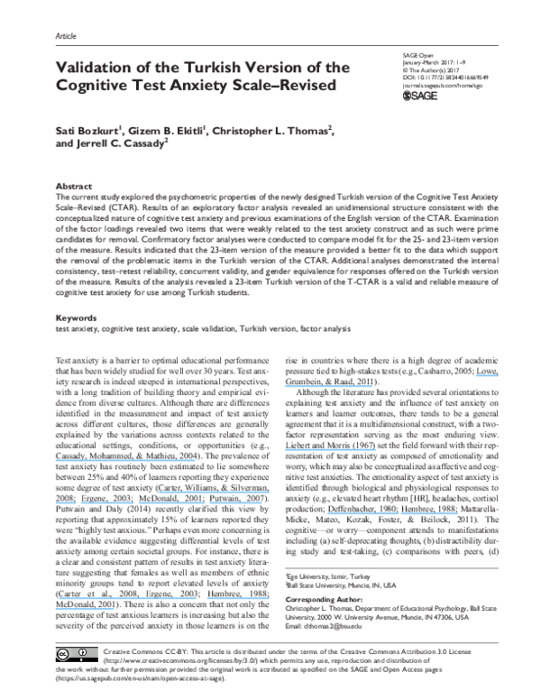 Pdf Validation Of The Turkish Version Of The Cognitive Test Anxiety