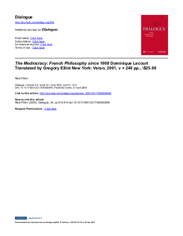 (PDF) The Mediocracy: French Philosophy since 1968 Dominique Lecourt ...