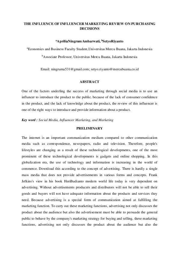 (PDF) THE INFLUENCE OF INFLUENCER MARKETING REVIEW ON PURCHASING DECISIONS