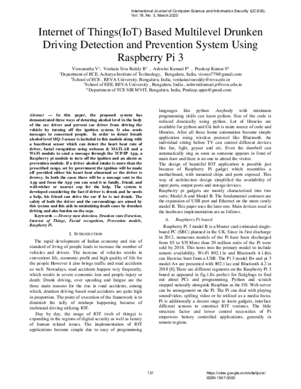 Pdf Internet Of Things Iot Based Multilevel Drunken Driving Detection And Prevention System 9278