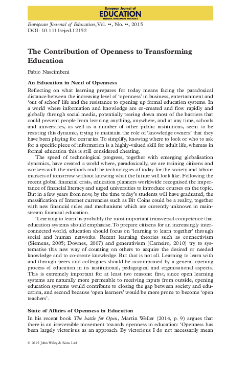 (PDF) The Contribution of Openness to Transforming Education