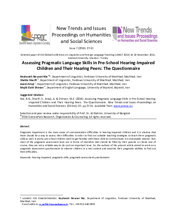 (PDF) Assessing Pragmatic Language Skills in Pre-School Hearing ...