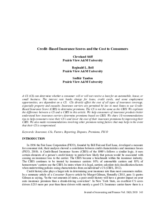 (PDF) Credit-Based Insurance Scores and the Cost to Consumers