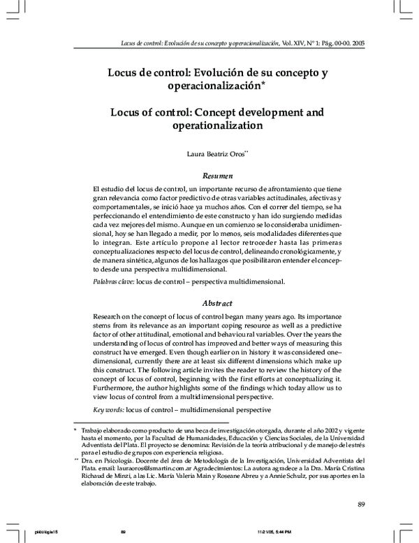 (PDF) Locus de control: Evolución de su concepto y operacionalización / Locus of control ...