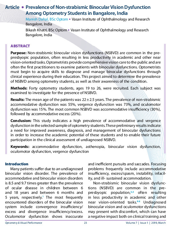 (PDF) Article • Prevalence of Non-strabismic Binocular Vision Dysfunction Among Optometry ...