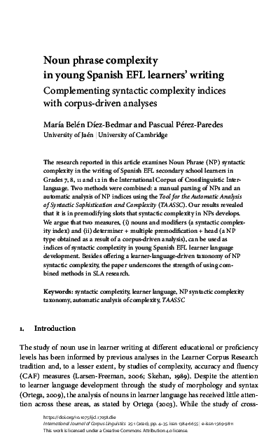 Pdf Noun Phrase Complexity In Young Spanish Efl Learners Writing Complementing Syntactic