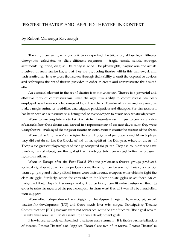 (PDF) 'PROTEST THEATRE' AND 'APPLIED THEATRE' IN CONTEXT