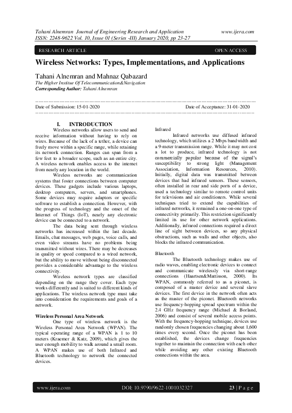 (PDF) Wireless Networks: Types, Implementations, and Applications