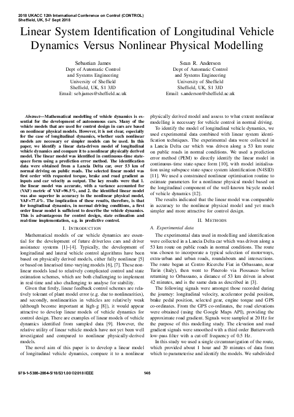 Pdf Linear System Identification Of Longitudinal Vehicle Dynamics Versus Nonlinear Physical