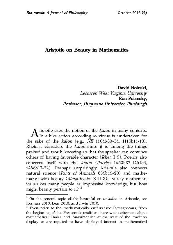 (PDF) David Hoinski - Ron Polansky, Aristotle on Beauty in Mathematics